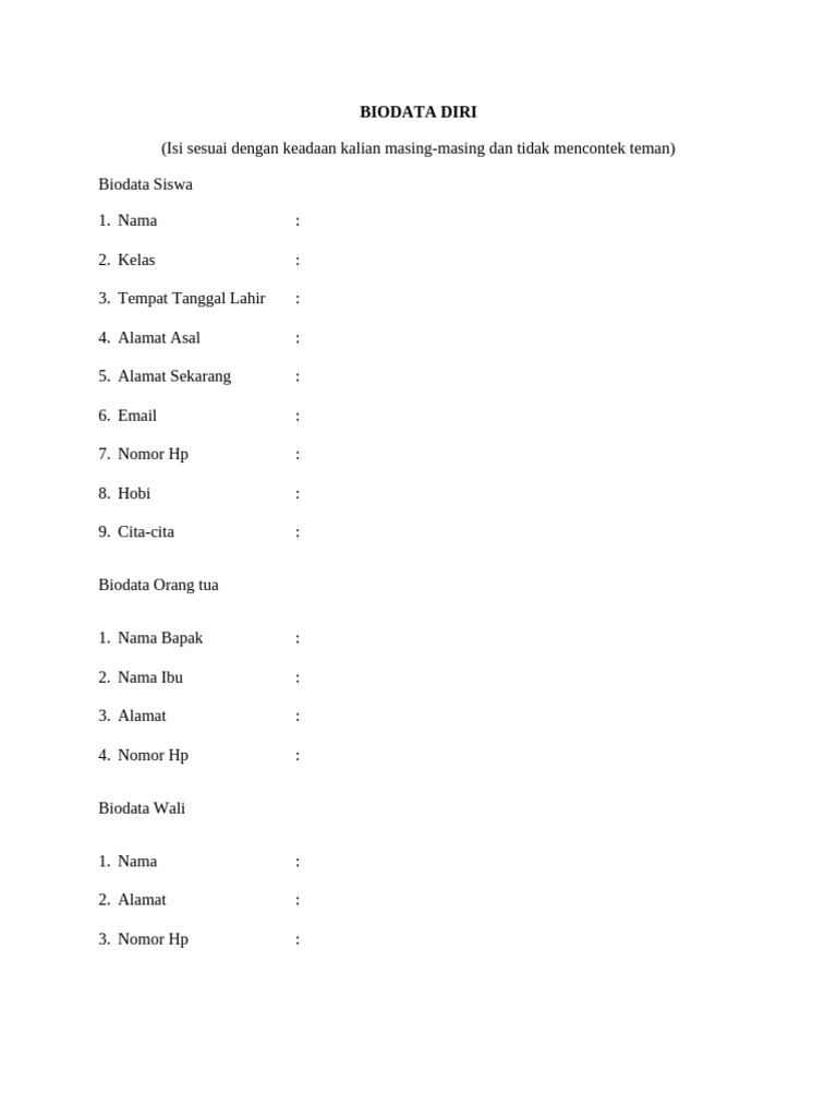 BIODATA DIRI X TKR 1 | PDF