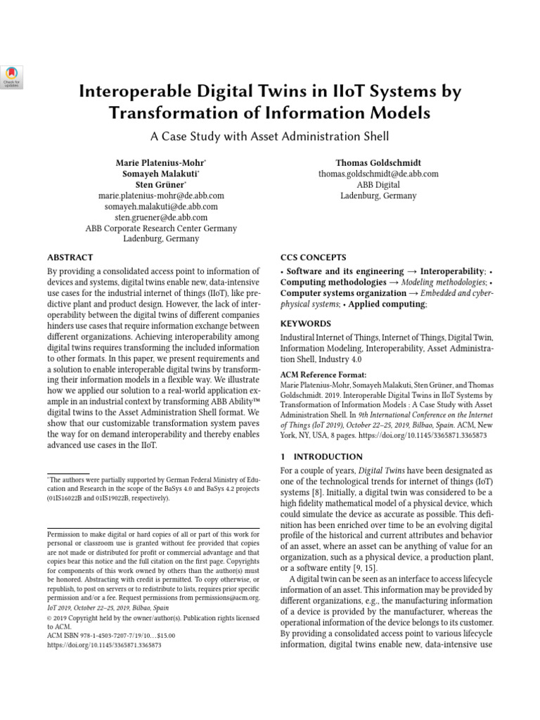 Interoperable Digital Twins in Iiot Systems by Transformation of Information Models | PDF ...