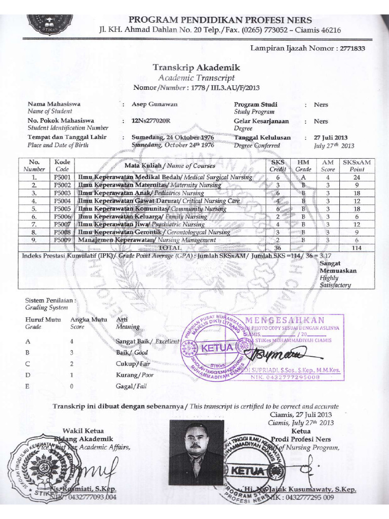 1.b. Transkrip Profesi Ners Asgun | PDF