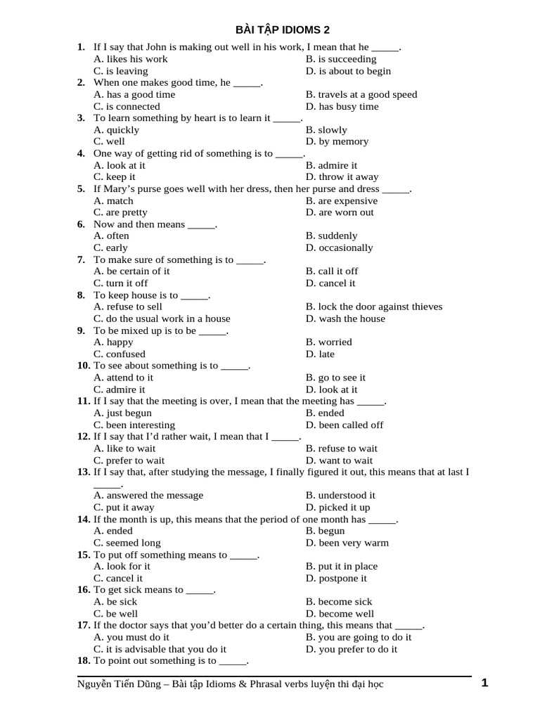 BÀI TẬP IDIOMS 2 | PDF