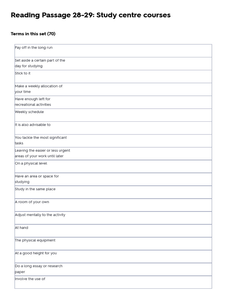 Reading Passage 28-29 - Study Centre Courses Flashcards - Quizlet | PDF | Wellness
