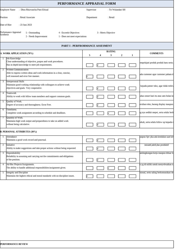 Employee Assesment Form Dhea R | PDF | Performance Appraisal ...