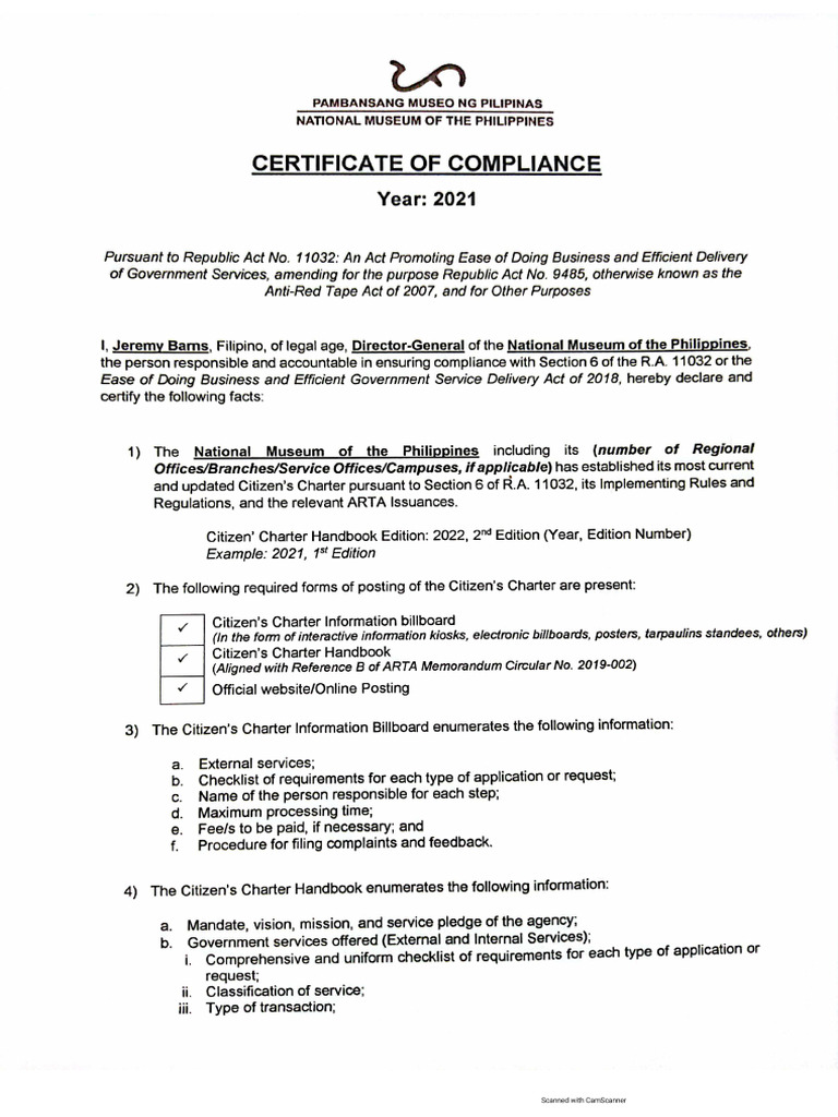 National Museum of The Philippines Certificate of Compliance 2021-1-1 | PDF