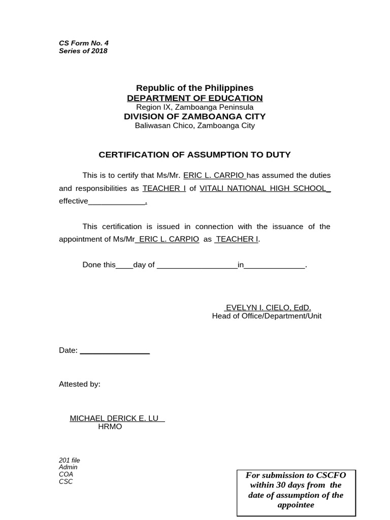 CS Form No. 4 Certification of Assumption To Duty | PDF