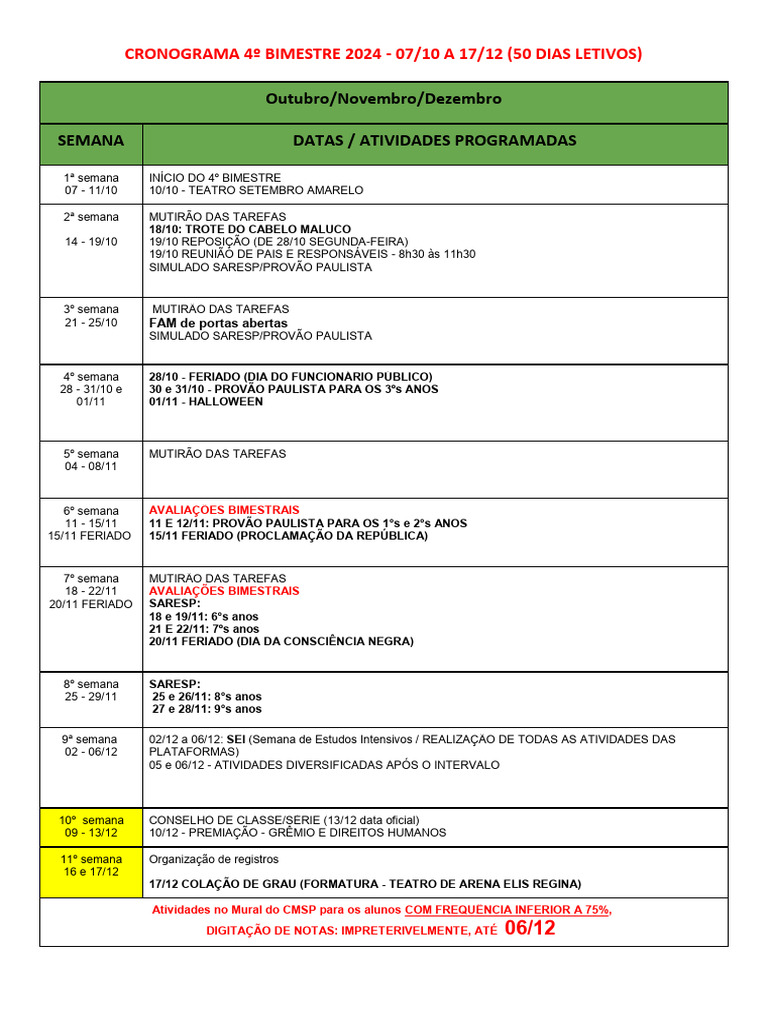 Cronograma 4º Bimestre 2024 | PDF | Estudos de Línguas Estrangeiras