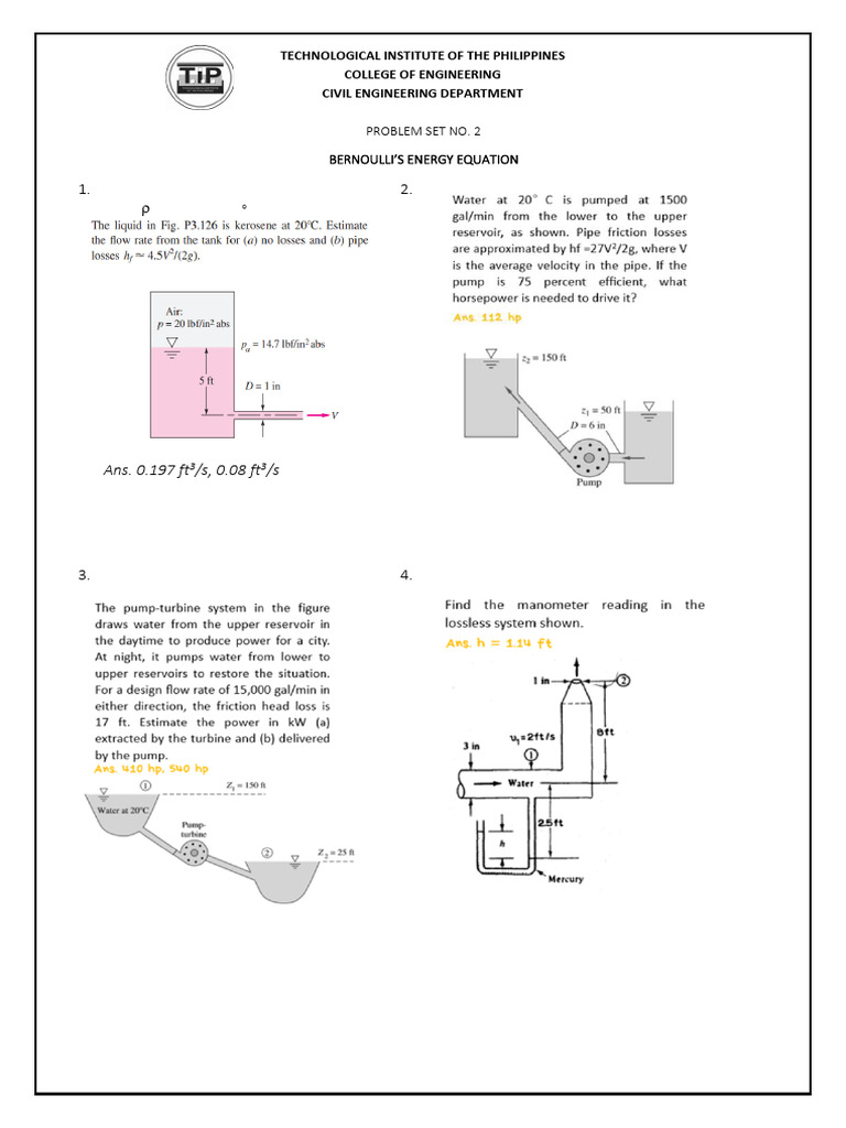 Problem Set No.2. Bernoulli's Energy Equation-1 | PDF | Technology & Engineering