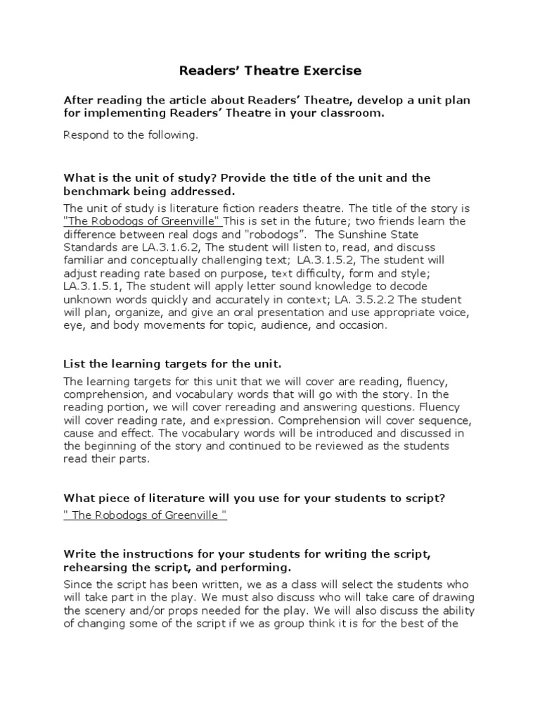 Readers' Theatre Unit Plan for "The Robodogs of Greenville | PDF ...