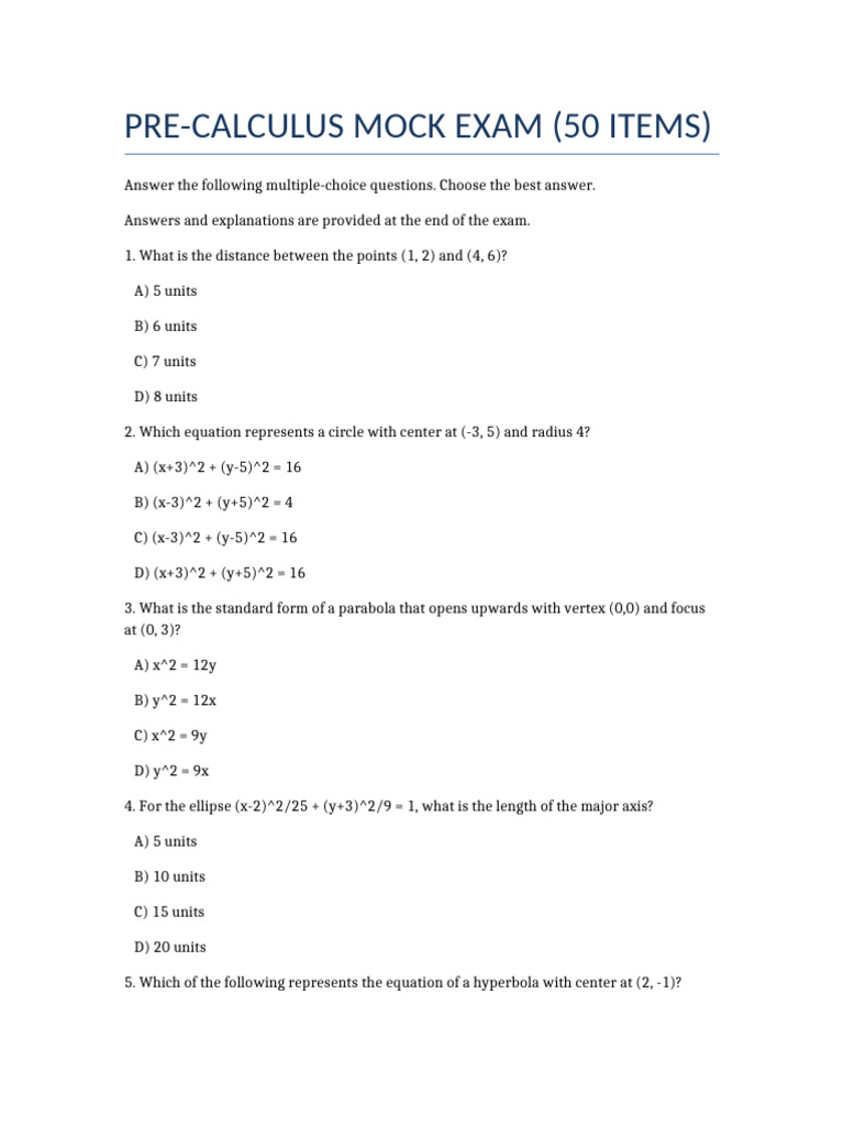 Precalculus Mock Exam 50 Items | PDF | Teaching Methods & Materials