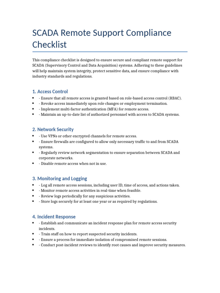 SCADA Remote Support Compliance Checklist | PDF | Scada | Security
