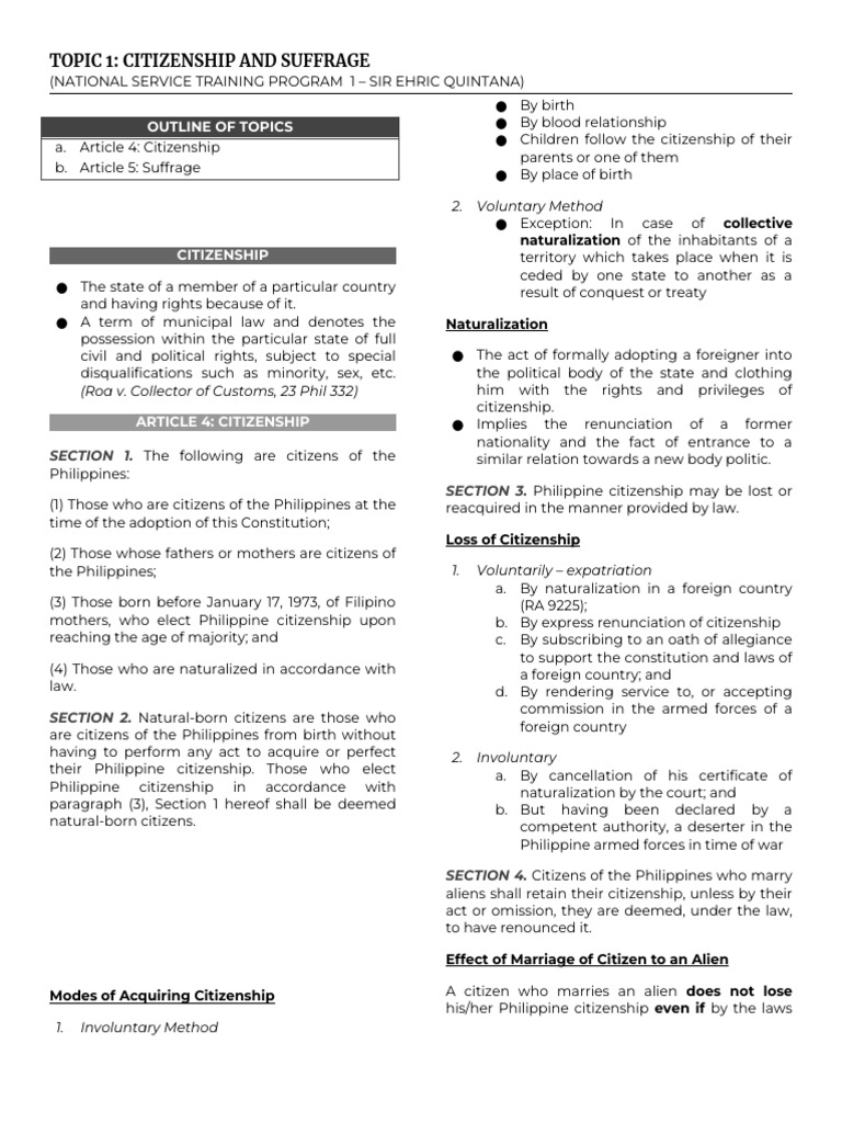 Topic 1 - Citizenship and Suffrage | PDF | Naturalization | Citizenship