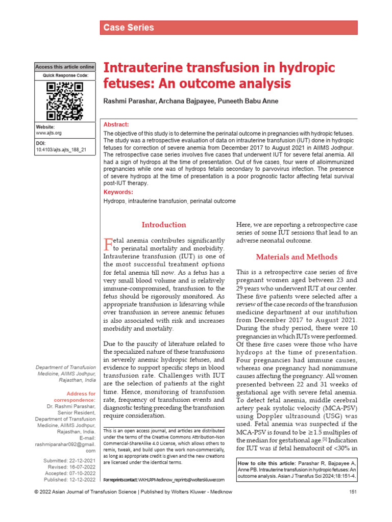 Intrauterine Transfusion in Hydropic Fetuses An.28 | PDF | Fetus ...
