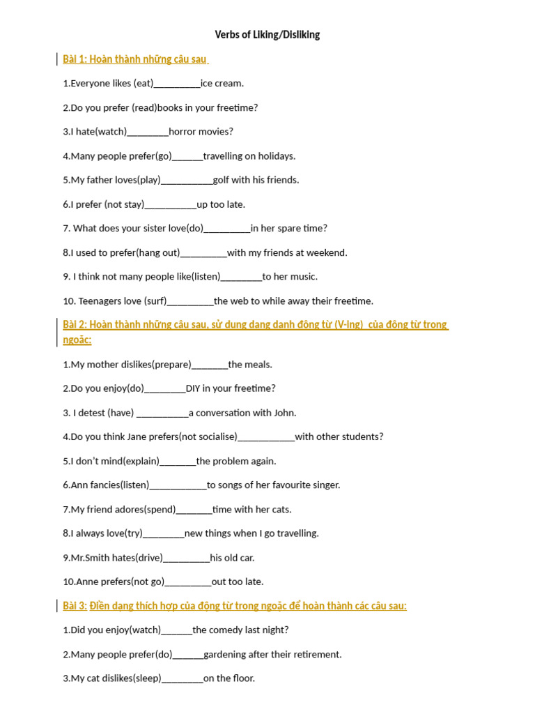 Exercise Verbs of Liking | PDF