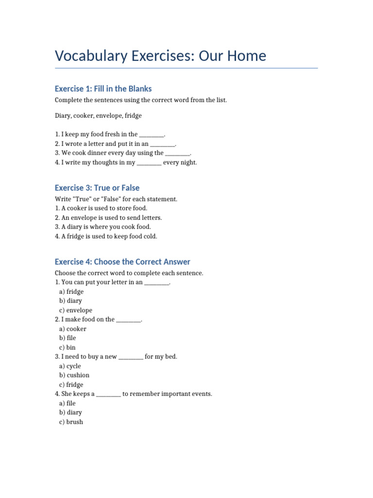 Vocabulary Exercises Our Home | PDF | Cooking, Food & Wine | Language ...