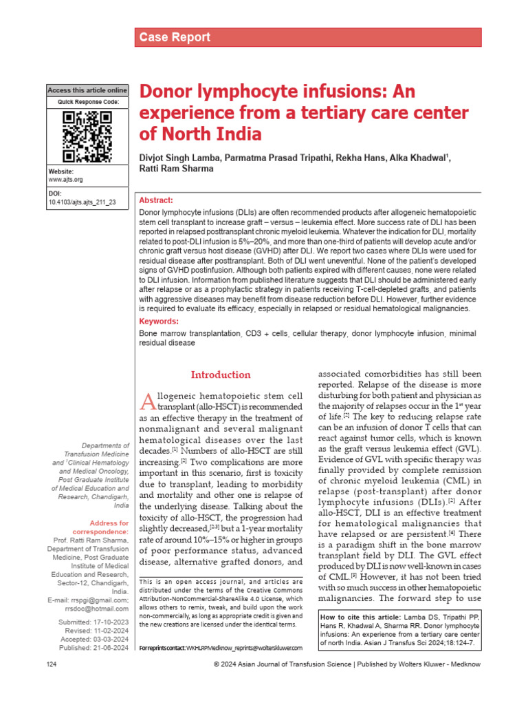 Donor Lymphocyte Infusions An Experience From A.20 | PDF ...