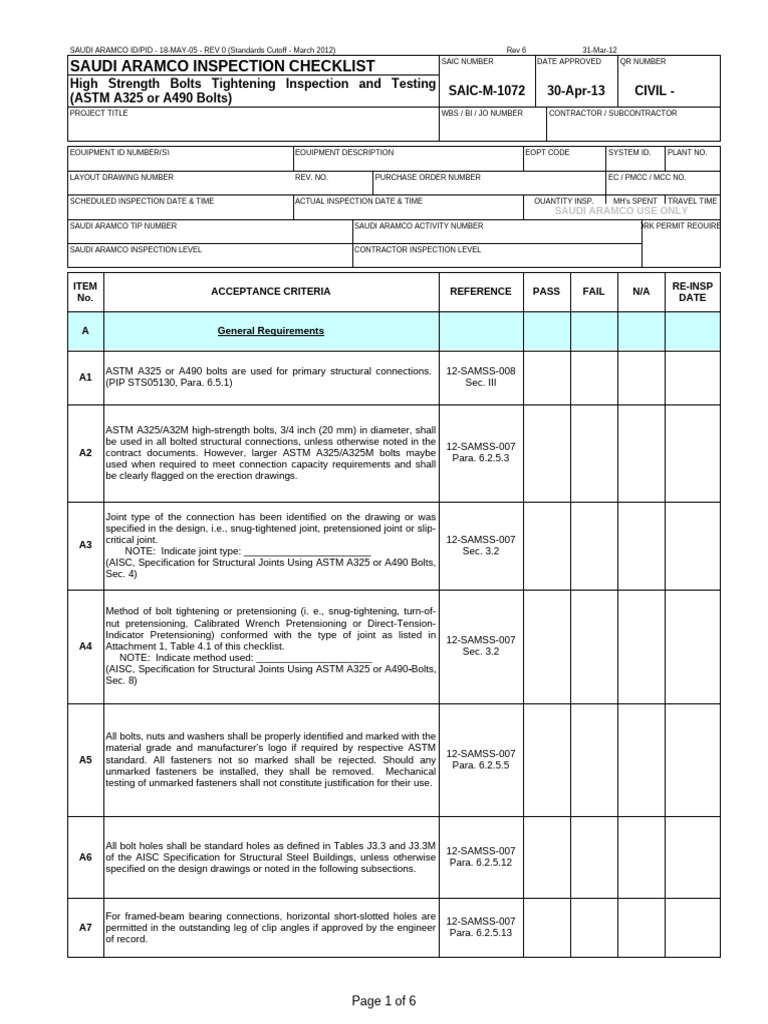 SAIC-M-1072 Rev 6 (Final) Inspection of Bolts | PDF | Screw | Nut ...