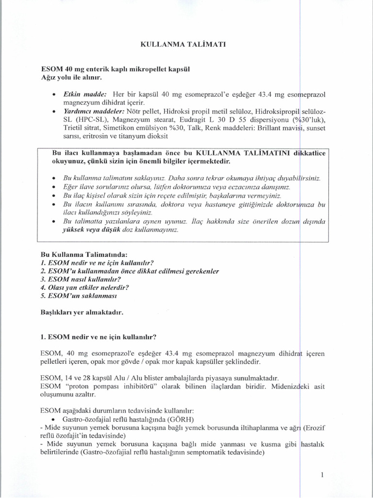 Esom 40 MG Enterik Kapli Mikropellet Kapsul KT | PDF