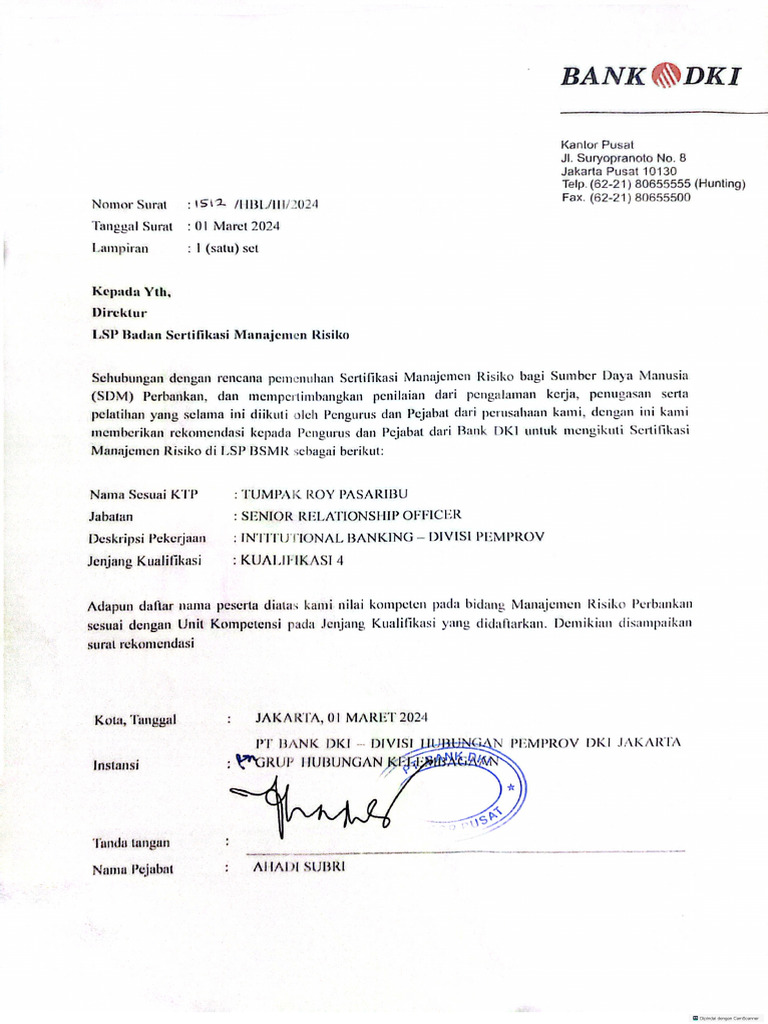 Surat Rekomendasi Bank DKI | PDF