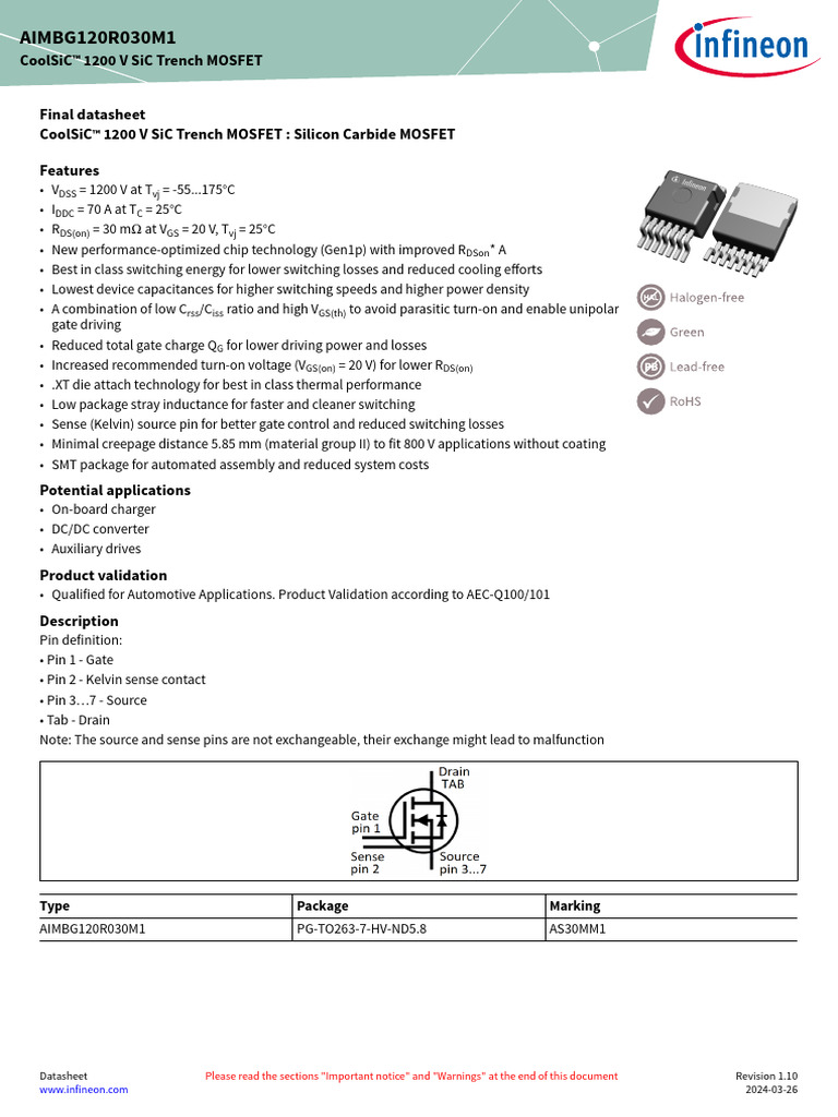 Infineon AIMBG120R030M1 DataSheet v01 - 10 EN | PDF | Field Effect Transistor | Electrical Equipment