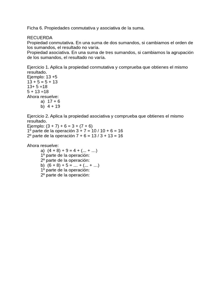Ficha 6. Propiedad Conmutativa y Asociativa de La Suma | PDF