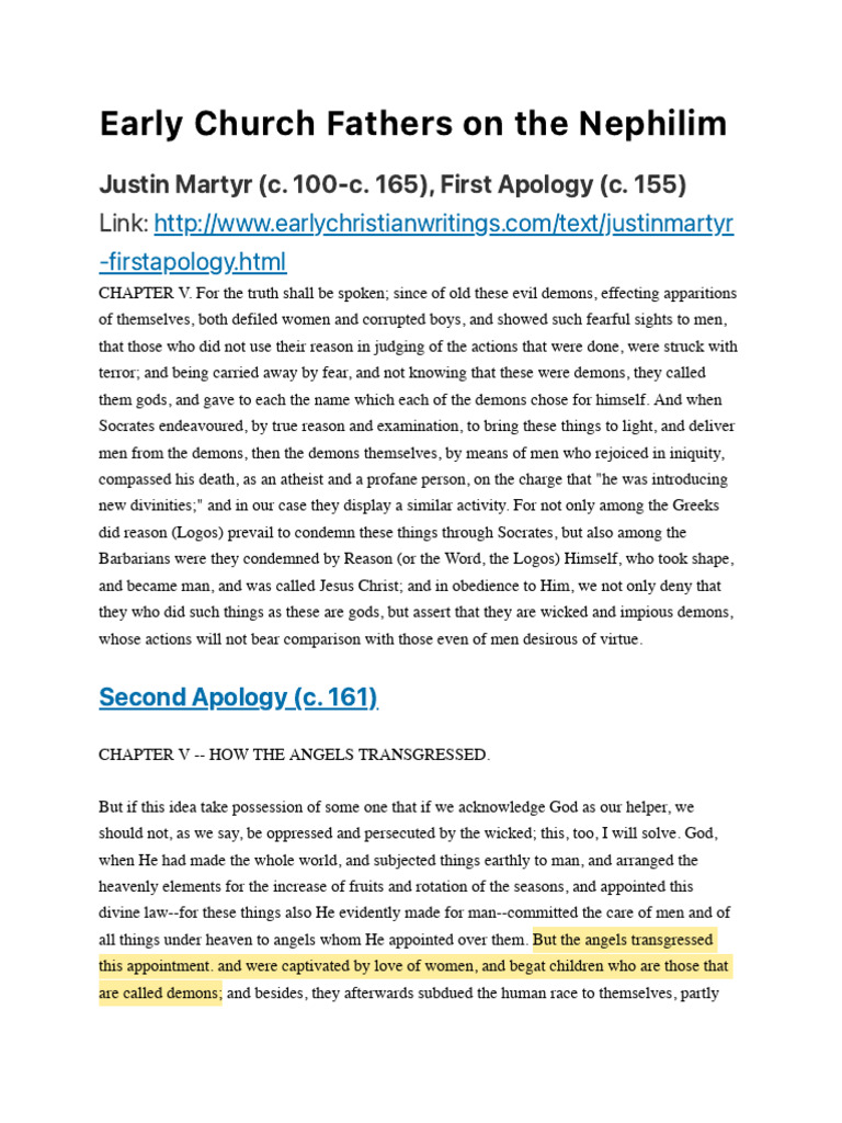 Early Church Fathers On The Nephilim | PDF | Demons | Angel