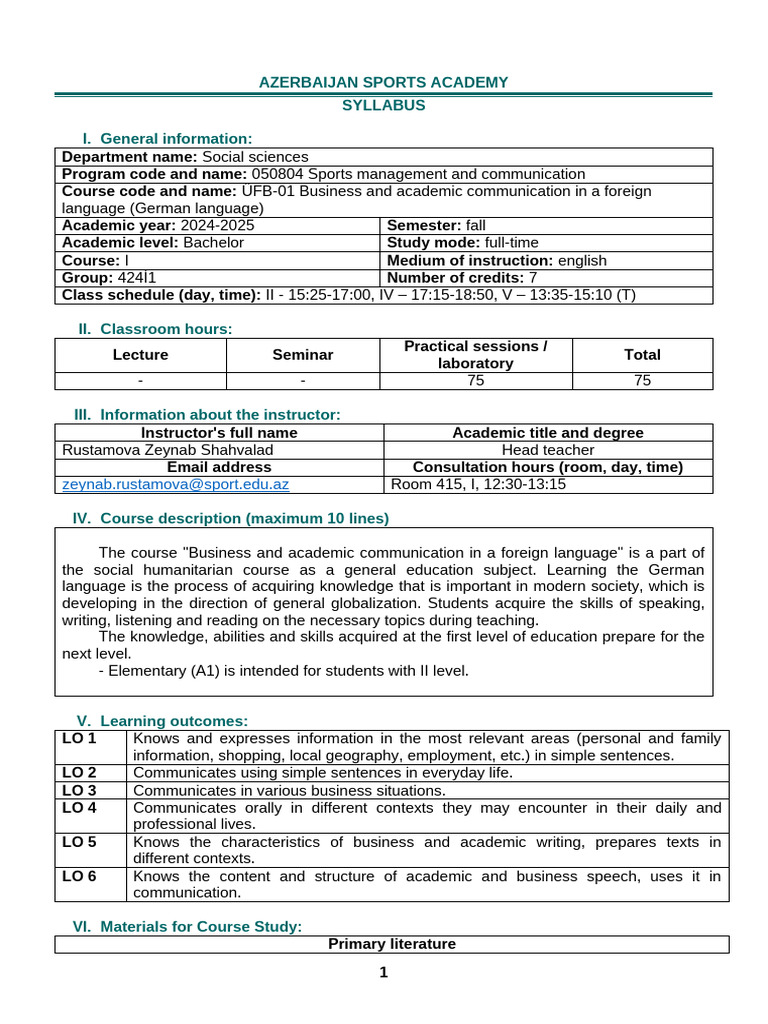 German Communication Course Syllabus | PDF