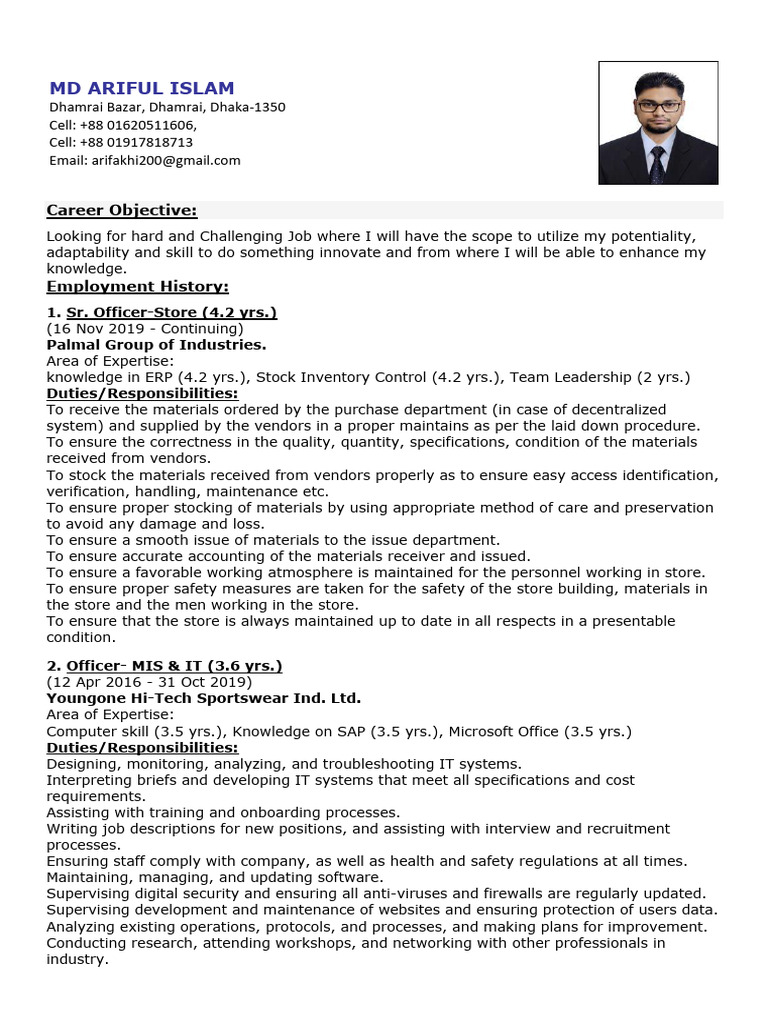 CV of MD Ariful Islam-2 | PDF | Specification (Technical Standard) | Inventory