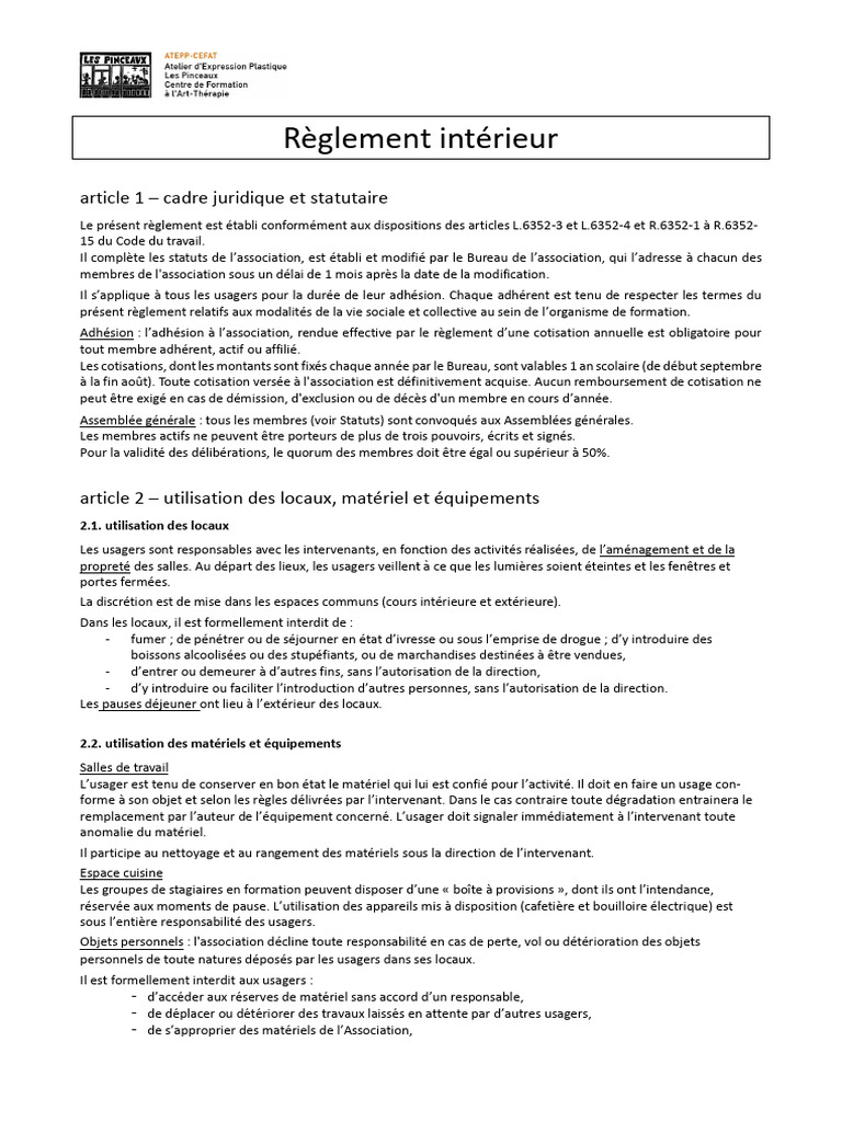 Règlement Intérieur Association Formation | PDF | Sécurité