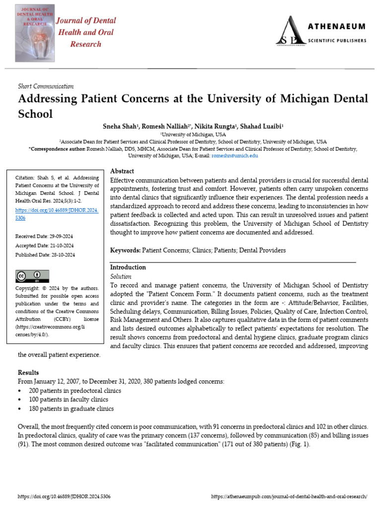 Addressing Patient Concerns at The University of Michigan Dental School ...