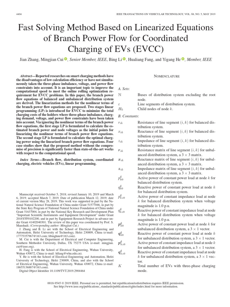 Fast Solving Method Based On Linearized Equations of Branch Power Flow For Coordinated Charging ...