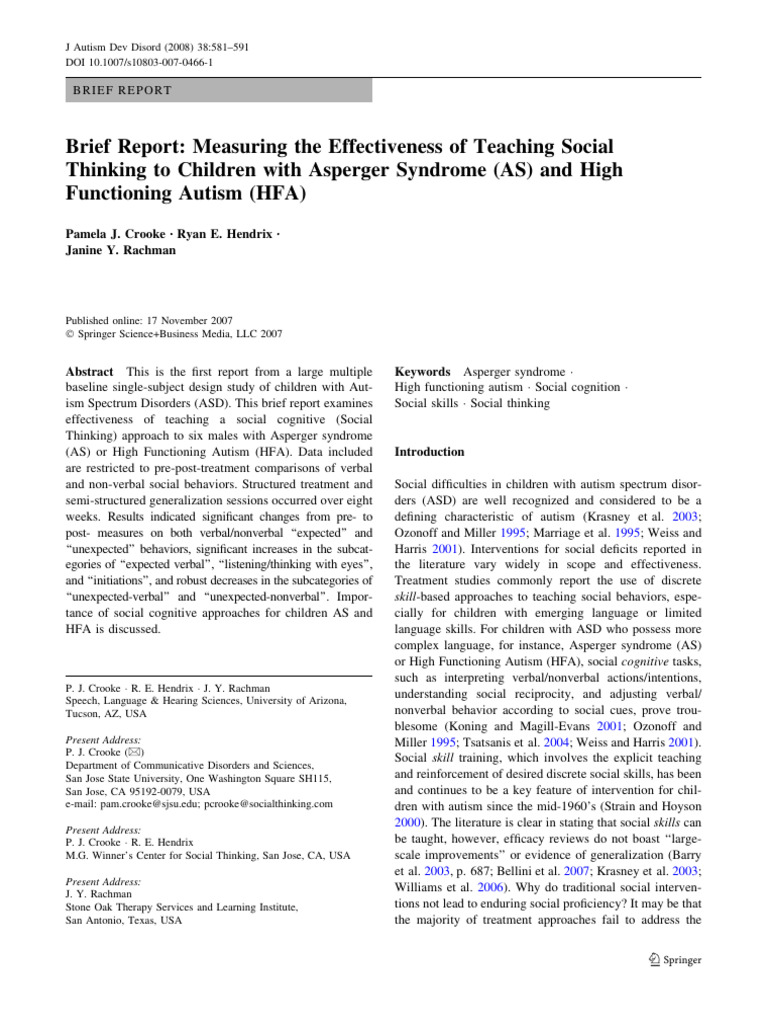 Effectiveness of Social Thinking for AS/HFA | PDF | Theory Of Mind ...