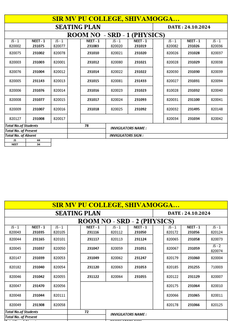 Seating Plan (I PUC & II PUC) - 24.10.2024 | PDF | Technology & Engineering