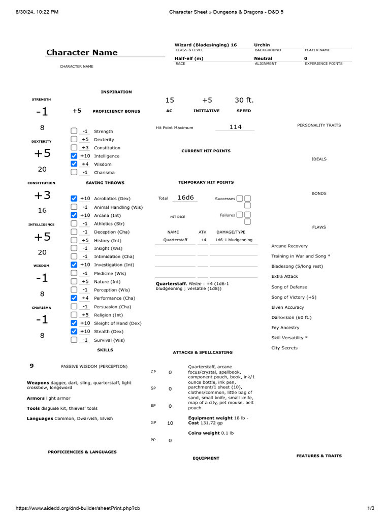 Character Sheet Dungeons & Dragons - D&D 5 | PDF | Dungeons & Dragons ...