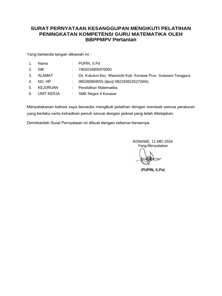 Surat Pernyataan Kesanggupan Mengikuti Pelatihan | PDF