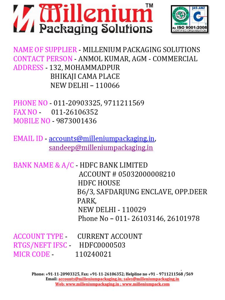 Millennium Packaging Contact Details | PDF | Business