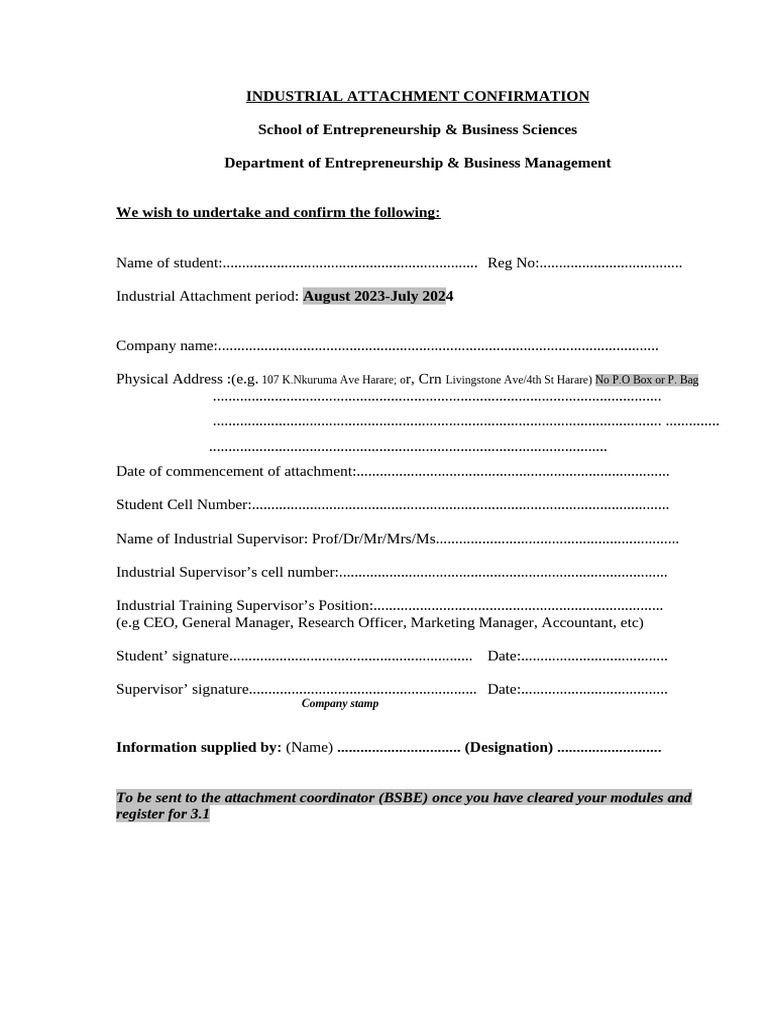 Industrial Attachment Confirmation Form | PDF