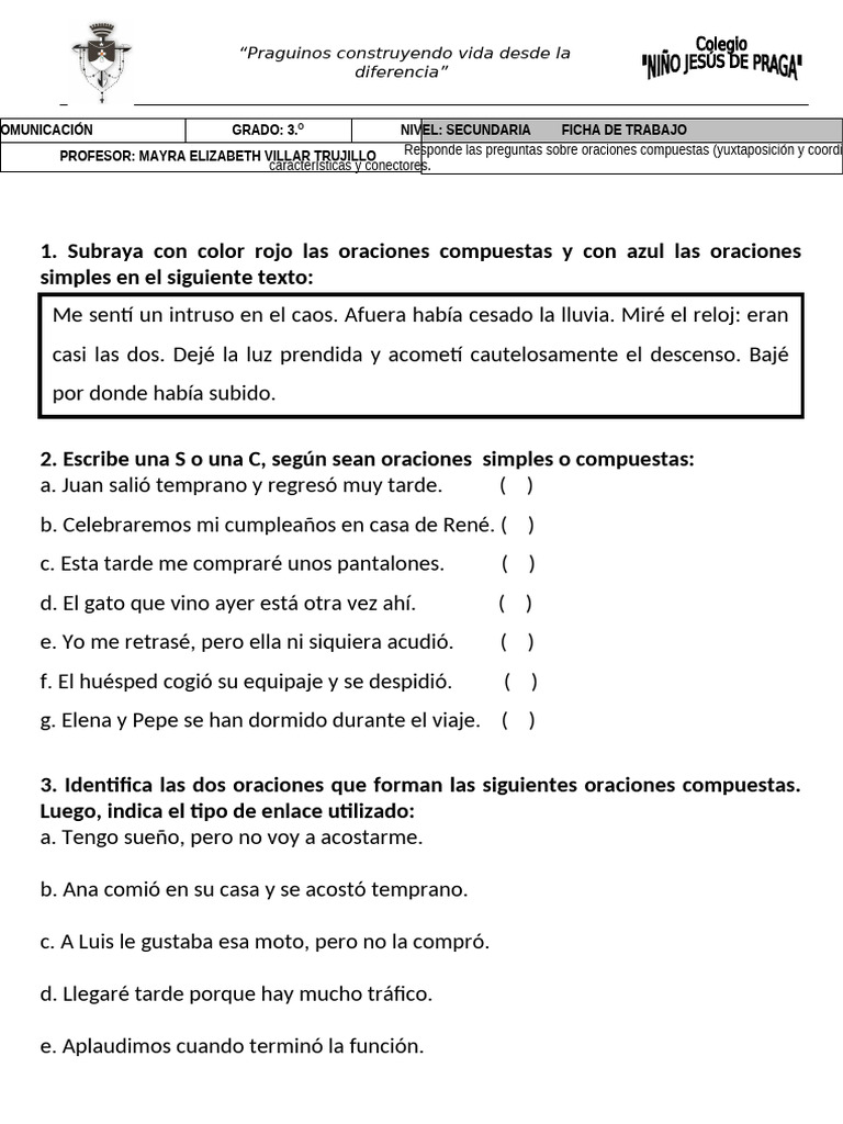 Hoja De Trabajo De Oraciones Complejas Compuestas Con Clave De Respuestas