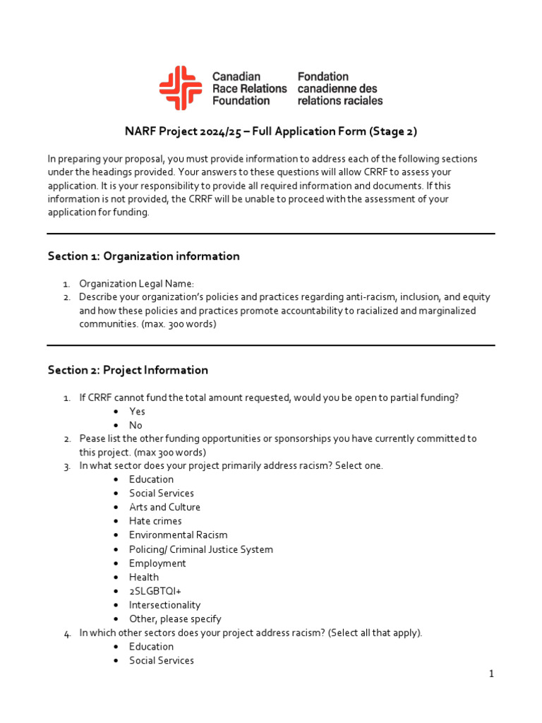 NARF Projects 2024 2025 - Full Application Form - v02 | PDF | Racism ...
