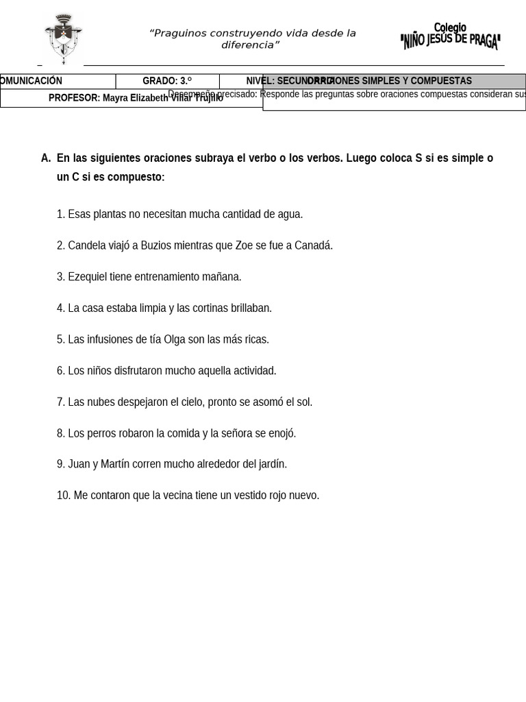 Ficha sobre oraciones simples y compuestas | PDF
