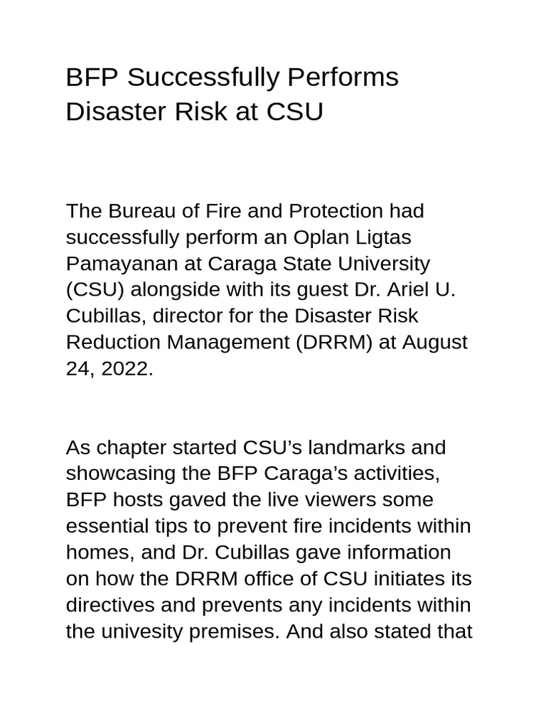 BFP Disaster Risk Management at CSU | PDF
