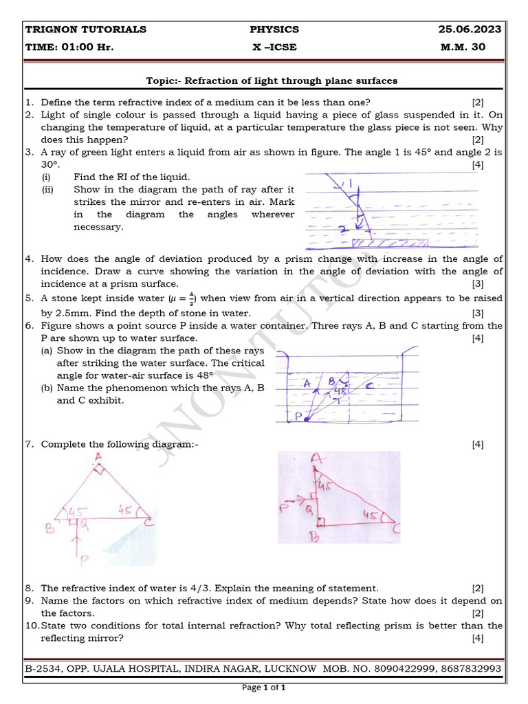 PHY. X-ICSE - (Refraction of Light Through Plane Surfaces and Lenses) | PDF | Refraction ...