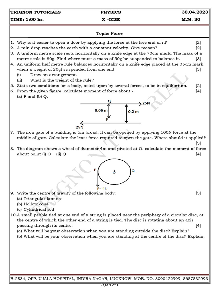 PHY.X ICSE (Force) | PDF