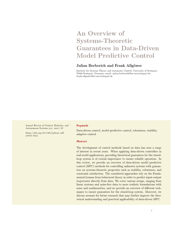 An Overview of Systems-Theoretic Guarantees in Data-Driven Model Predictive Control | PDF ...