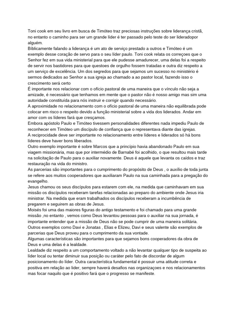 Toni Cook em Seu Livro em Busca de Timóteo Traz Preciosas Instruções ...
