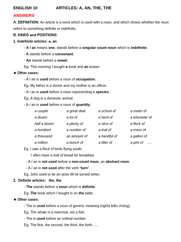 Articles - Answers | PDF | Noun | Quantity