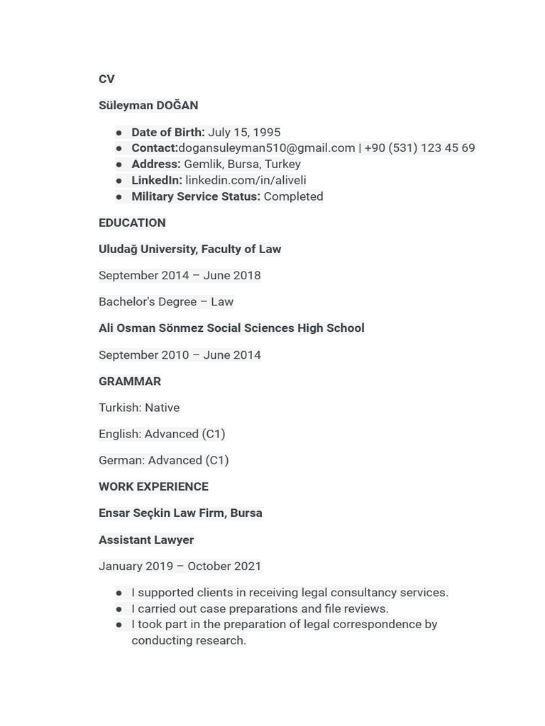 CV Süleyman Doğan Date of Birth: Contact: Address: Linkedin: Military ...