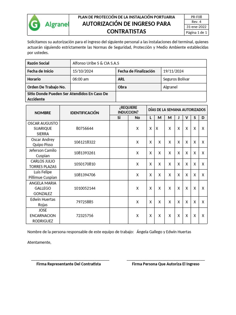 PR-F08 Autorización Ingreso Contratistas | PDF