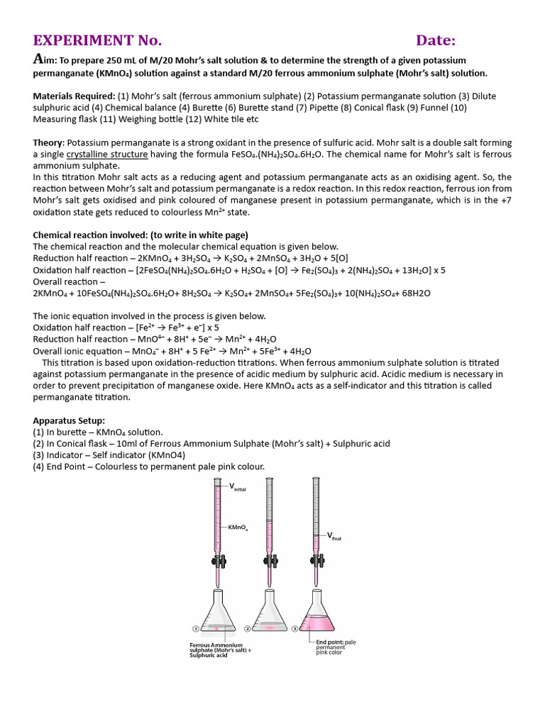 Titration of M - 20 Mohr's Solution With KMnO4 Solution | PDF | Titration | Chemistry