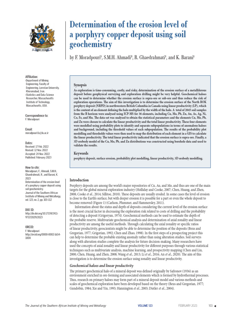 Determination of The Erosion Level of A Porphyry Copper Deposit Using Soil Geochemistry | PDF ...
