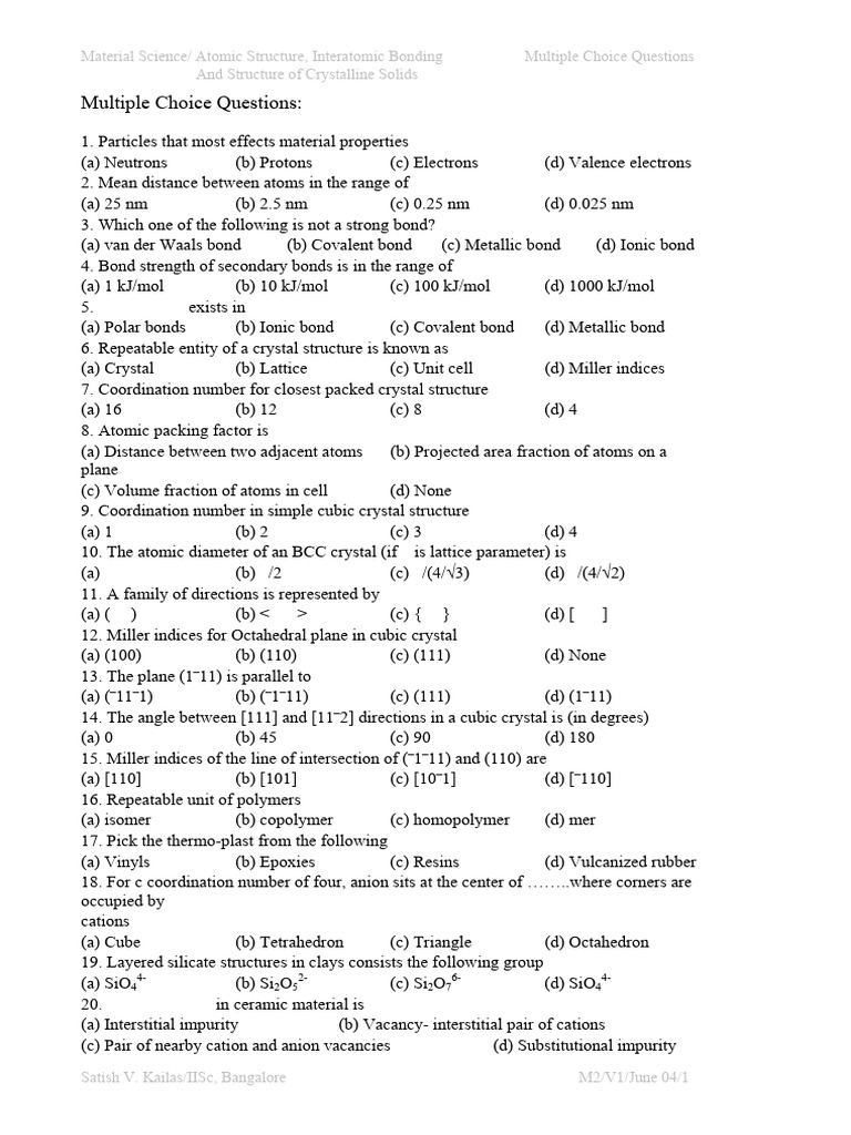 Multiple Choice Question Material Science | PDF | Crystal Structure | Chemical Bond