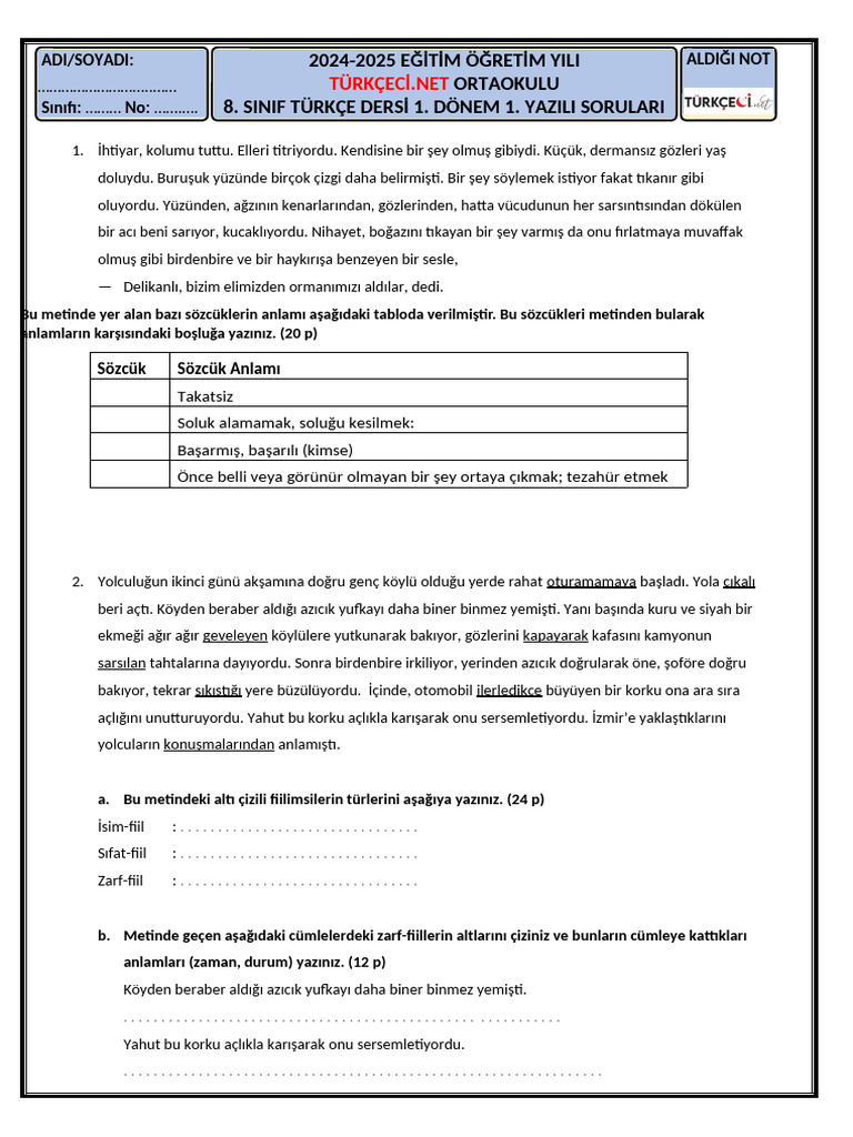 2024 2025 Egitim Ogretim Yili Turkce Dersi HECCEYayinlari 8. Sinif 1. Donem 1. Acik Uclu Sinav 1 ...